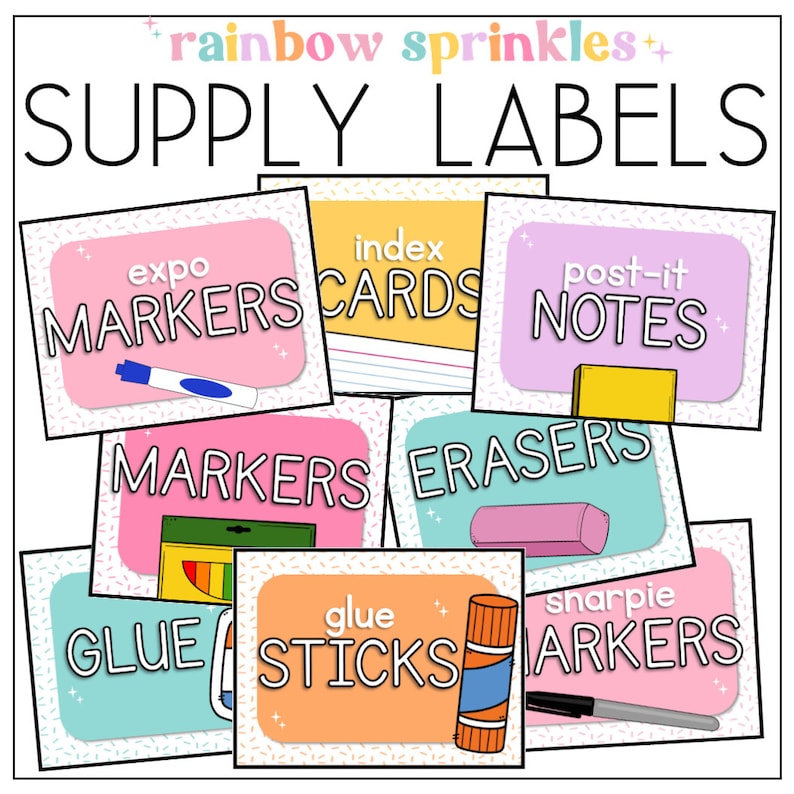 Editable Supply Bin Labels | Classroom Supplies | Rainbow Sprinkles - Etsy