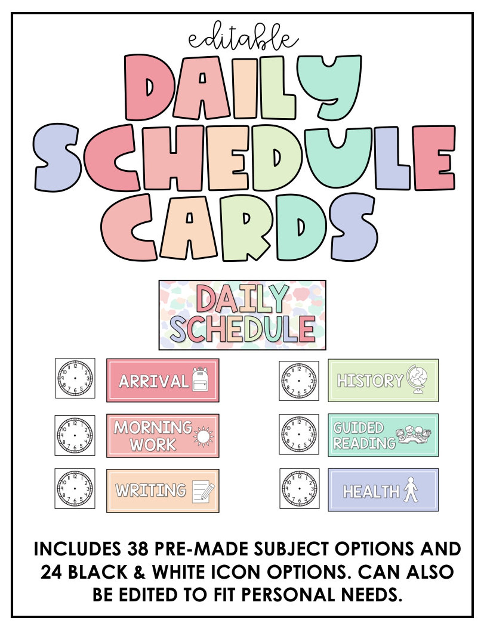 Editable Bright Pastel Schedule Cards | Daily Schedule and Clocks - Etsy