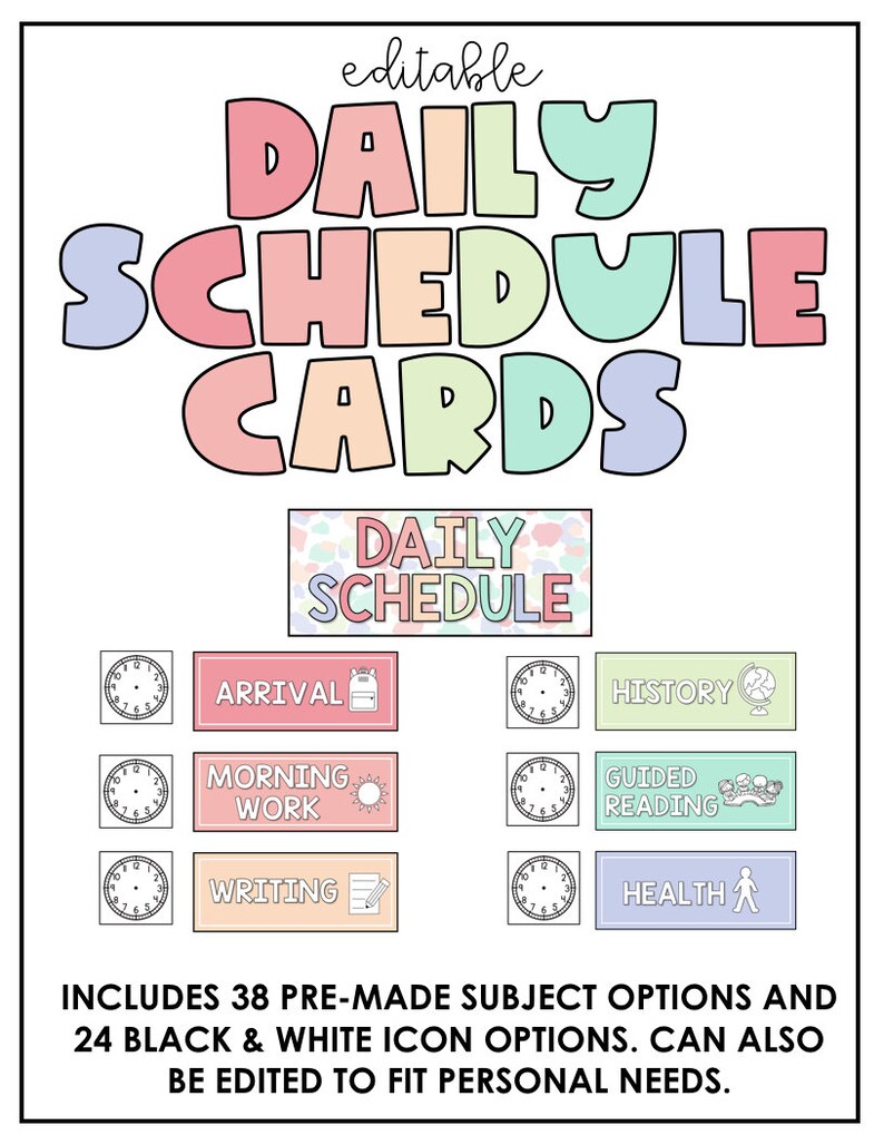Editable Bright Pastel Schedule Cards | Daily Schedule and Clocks - Etsy