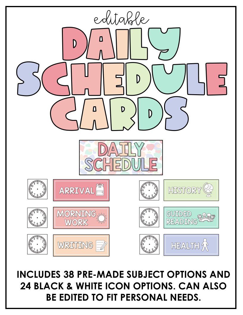 Editable Bright Pastel Schedule Cards | Daily Schedule and Clocks - Etsy