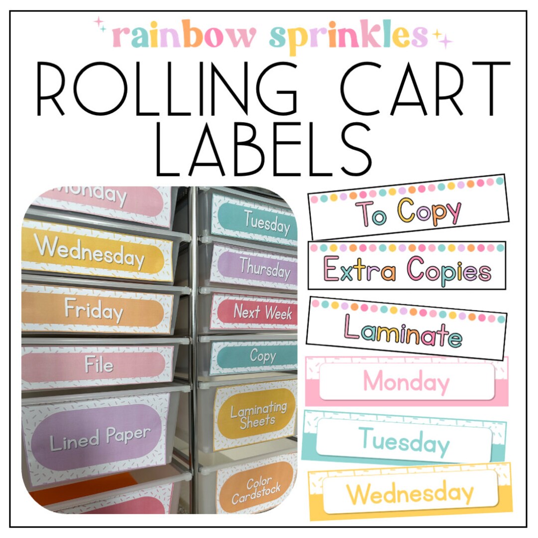 Editable Rolling Cart Labels | Sterilite 3 Drawer Labels | Rainbow ...