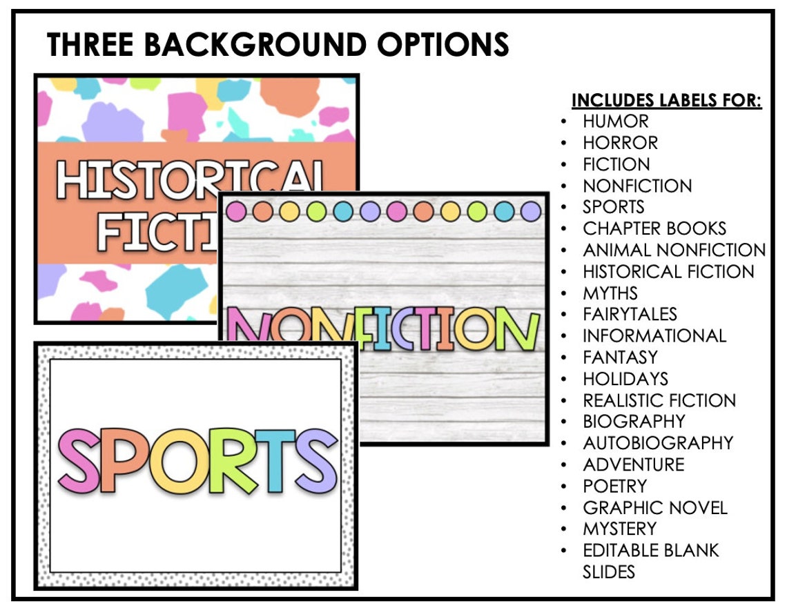 EDITABLE Colorful Classroom Library Genre Labels - Etsy