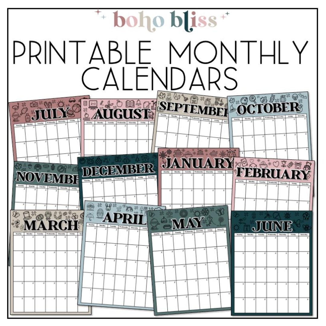 Editable Boho Bliss Monthly Printable Calendars | Color and B&W - Etsy