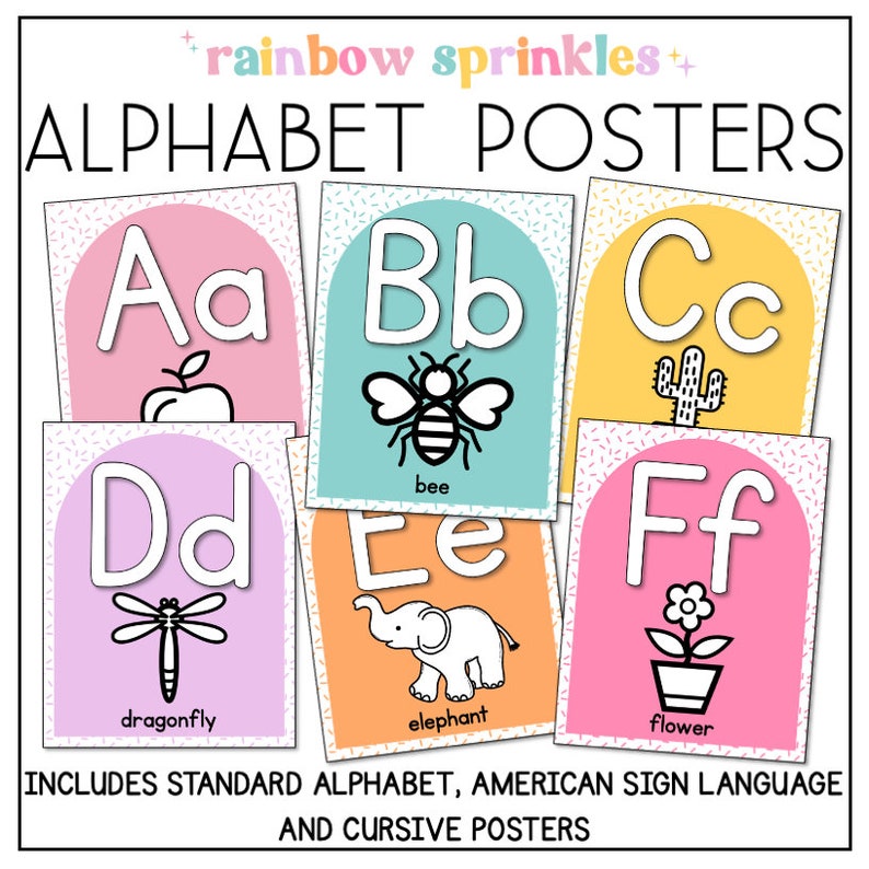 Alphabet Posters and Chart | Cursive | ASL | Rainbow Sprinkles - Etsy