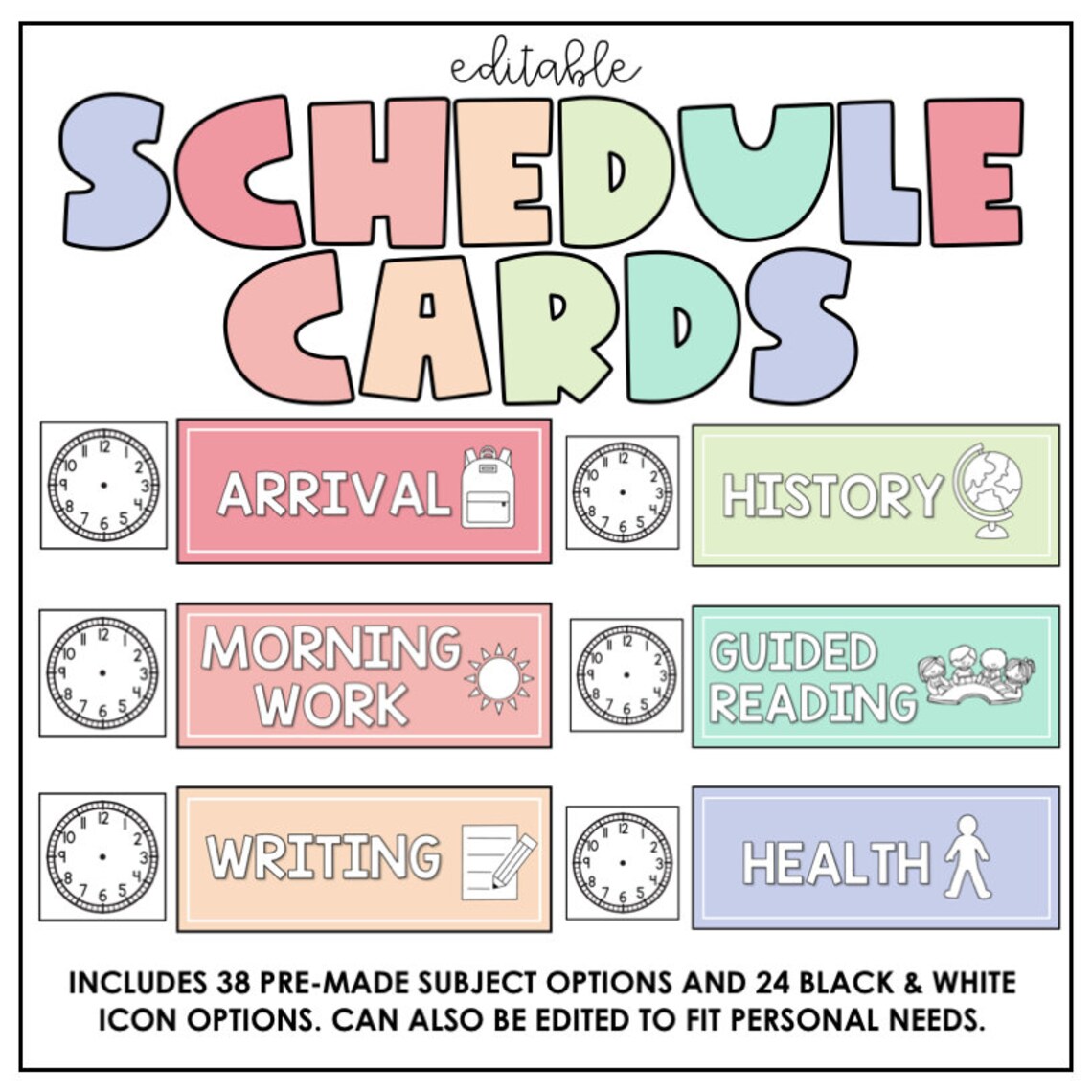 Editable Bright Pastel Schedule Cards | Daily Schedule and Clocks - Etsy