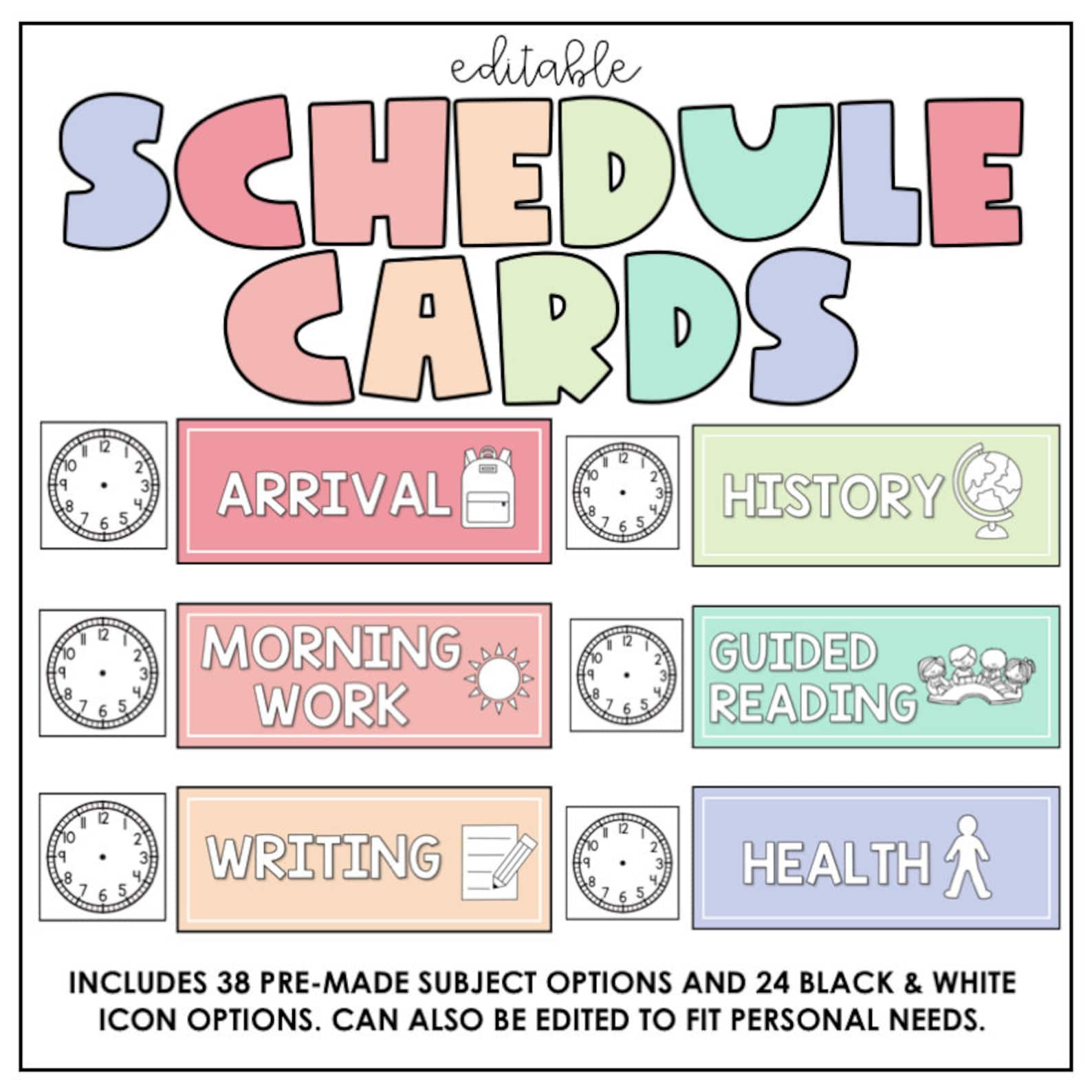 Editable Bright Pastel Schedule Cards | Daily Schedule and Clocks - Etsy