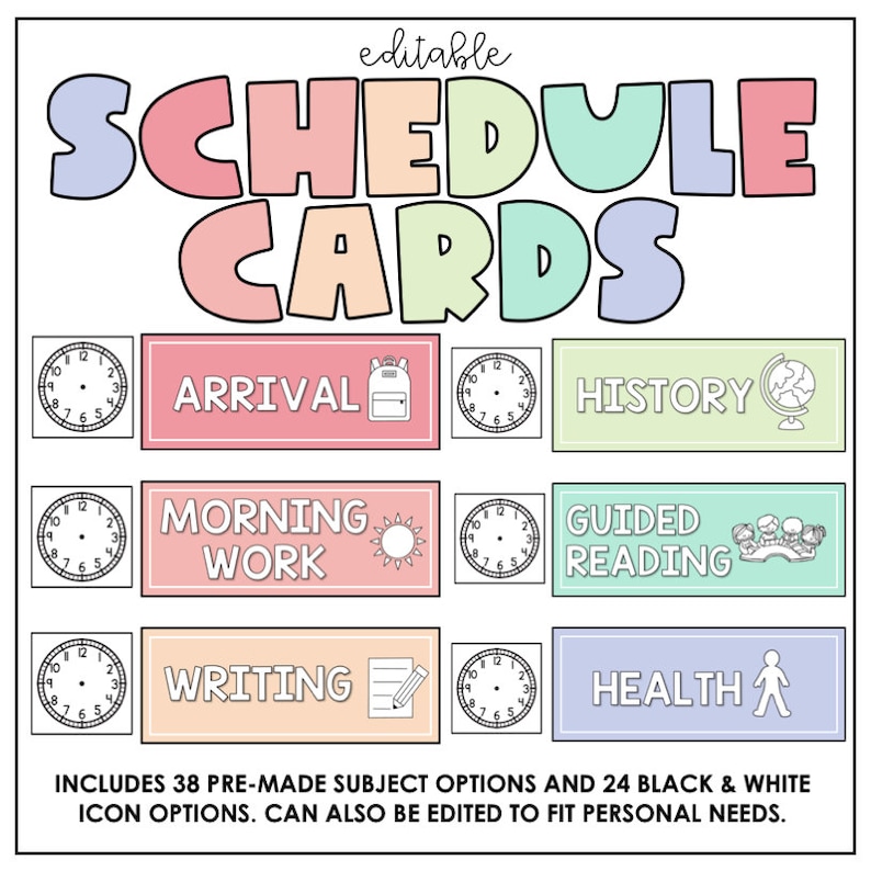 Editable Bright Pastel Schedule Cards | Daily Schedule and Clocks - Etsy