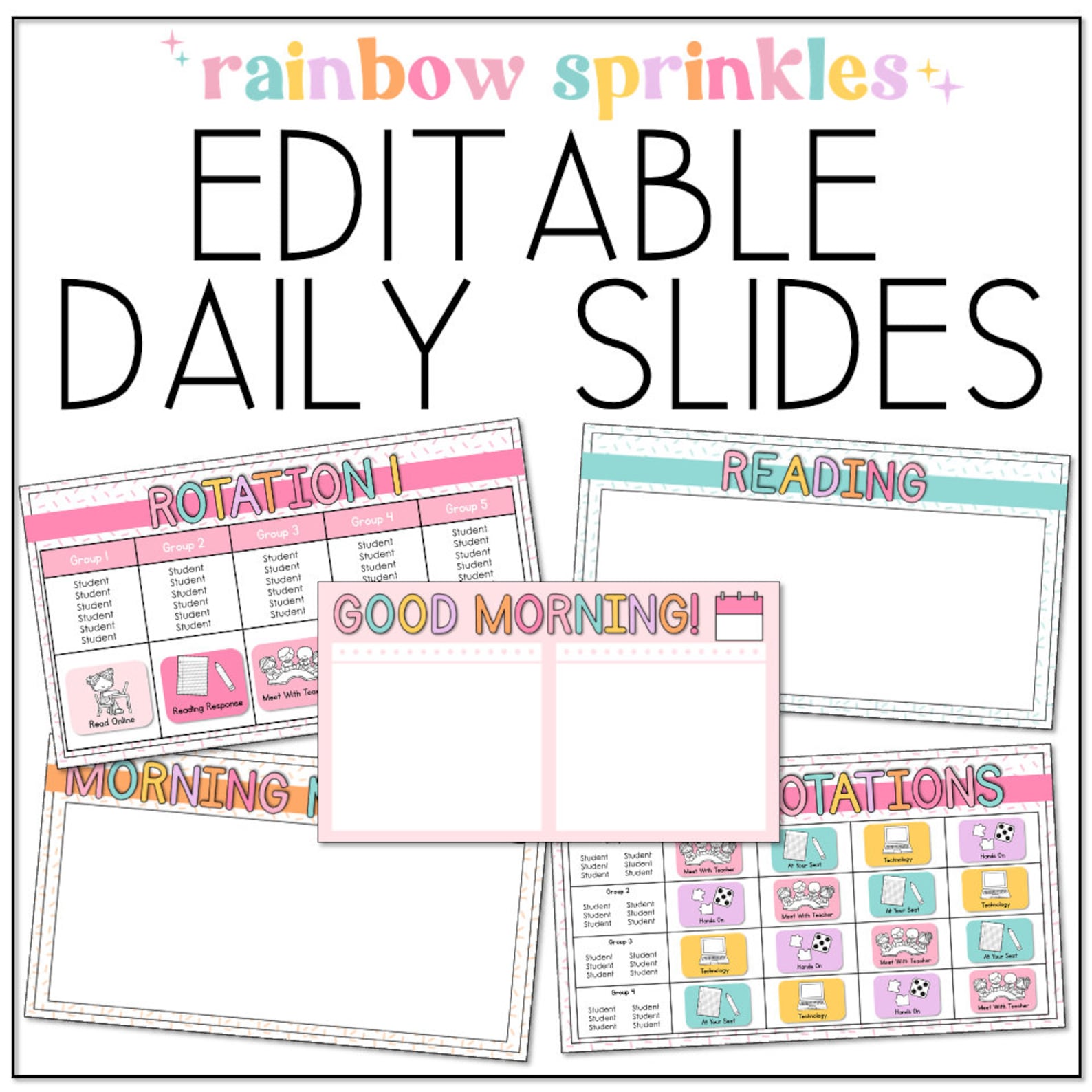 Rainbow Sprinkle Editable Daily Slides | Reading and Math Rotations - Etsy