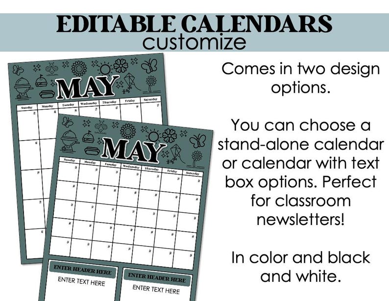 Editable Boho Bliss Monthly Printable Calendars | Color and B&W - Etsy ...