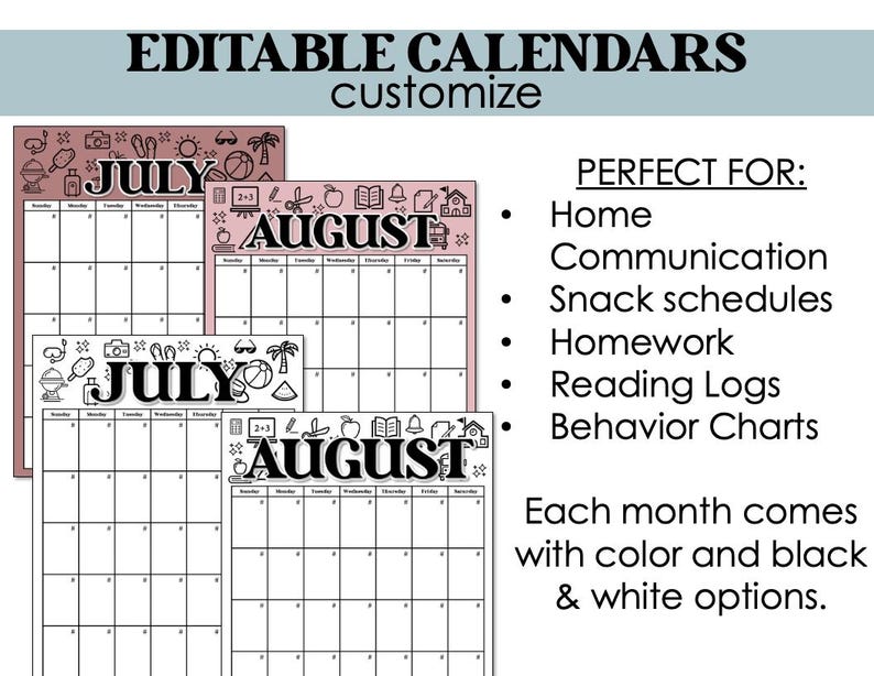 Editable Boho Bliss Monthly Printable Calendars | Color and B&W - Etsy ...