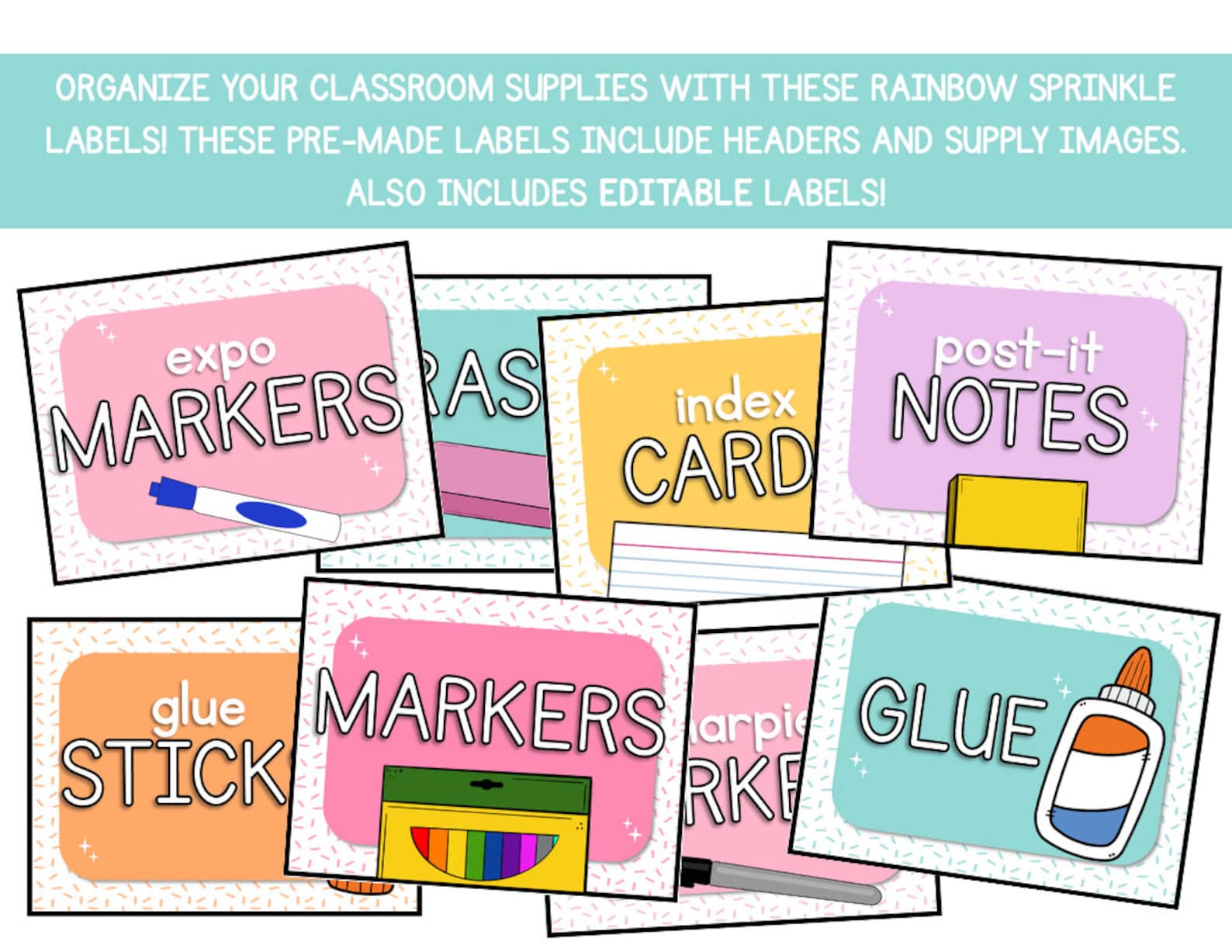 Editable Supply Bin Labels | Classroom Supplies | Rainbow Sprinkles - Etsy