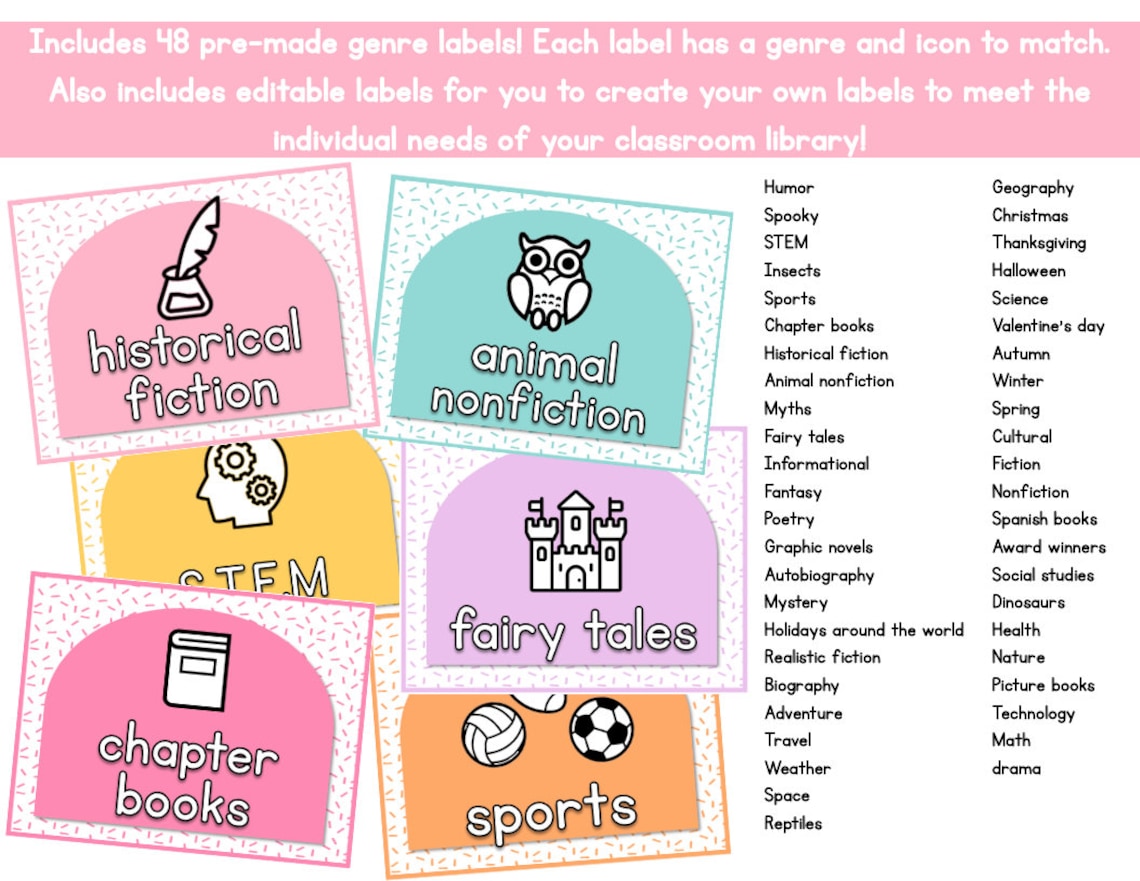Editable Genre Labels | Classroom Library | Rainbow Sprinkles - Etsy