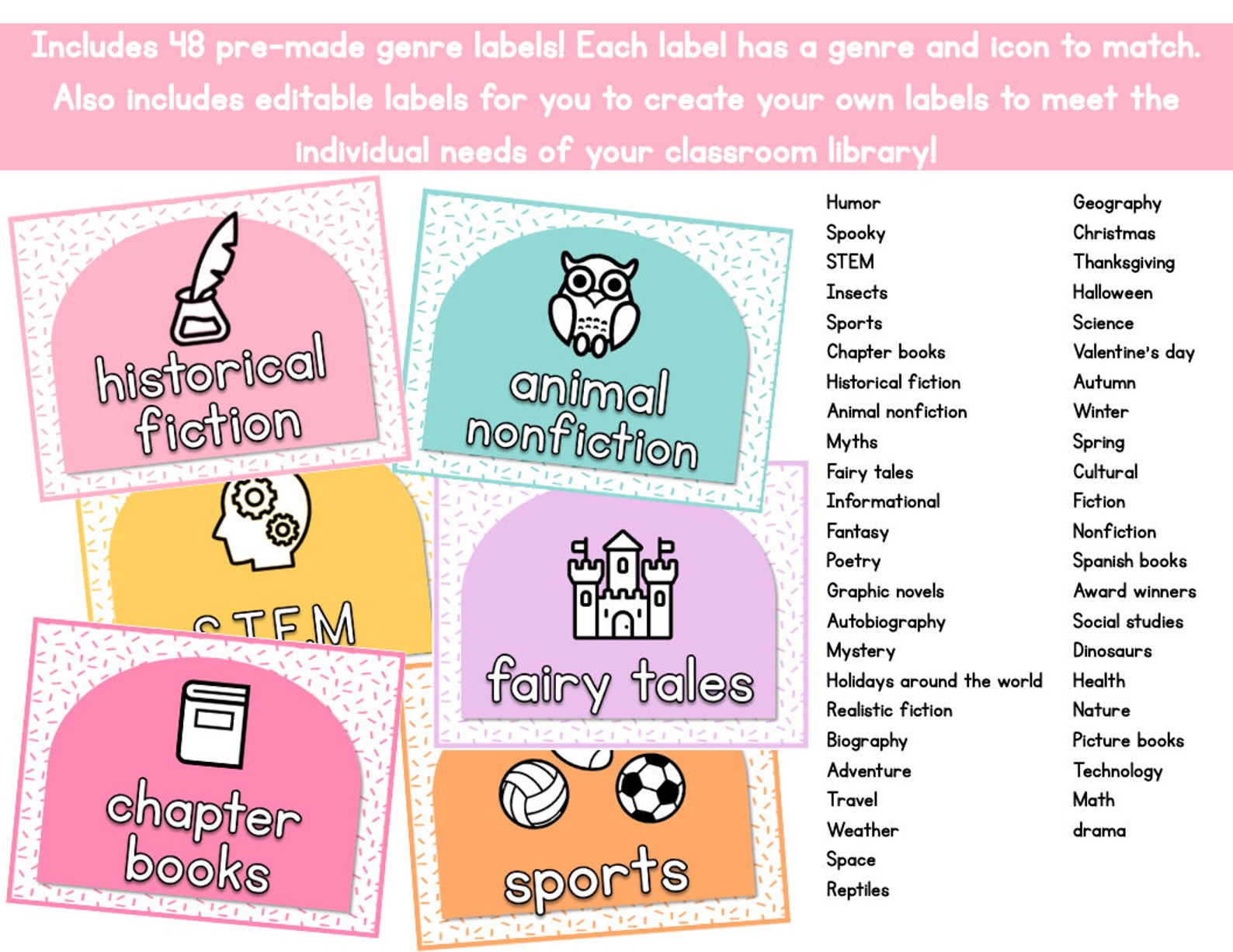 Editable Genre Labels | Classroom Library | Rainbow Sprinkles - Etsy