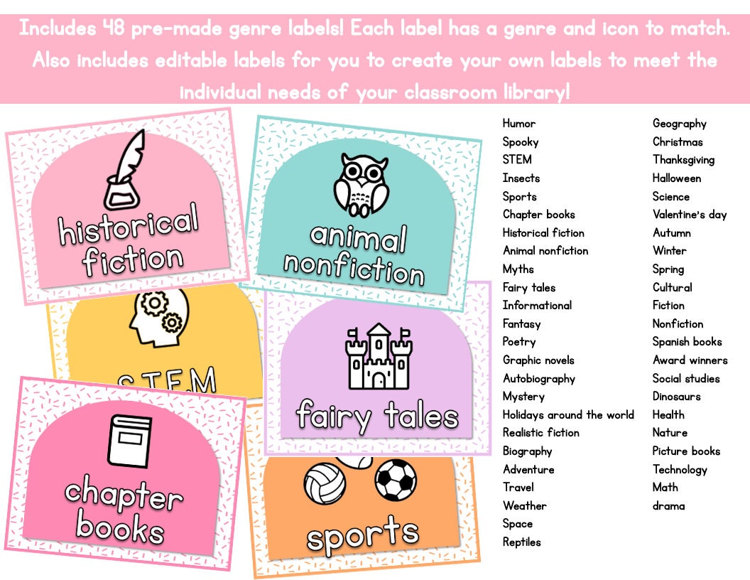 Editable Genre Labels | Classroom Library | Rainbow Sprinkles - Etsy