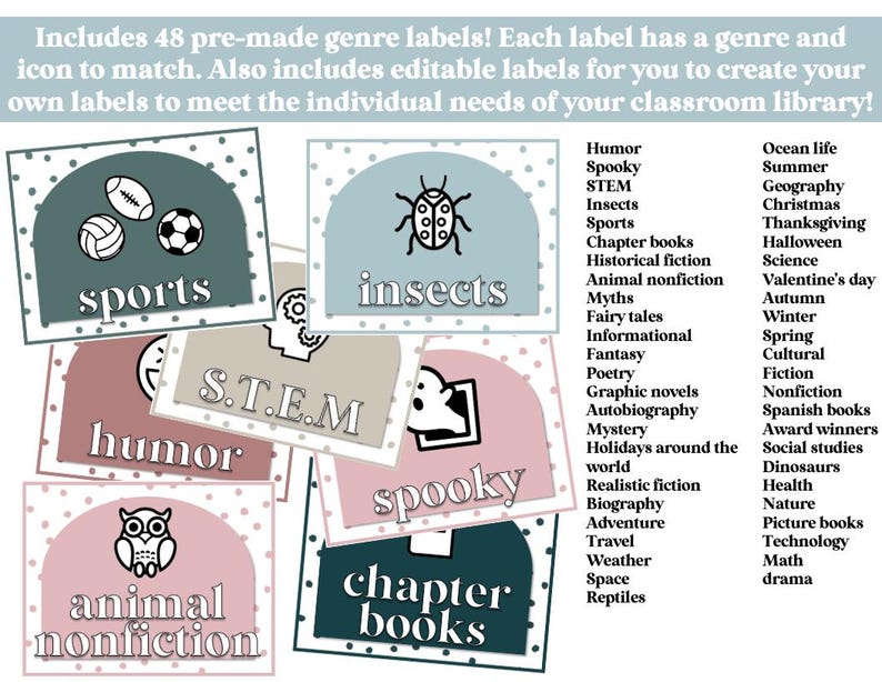 Editable Genre Labels | Classroom Library | Boho Bliss - Etsy