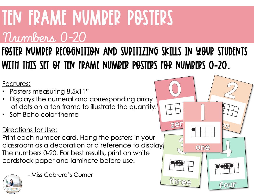 Bright Pastel Number Posters | 0-20 | Ten Frames - Etsy