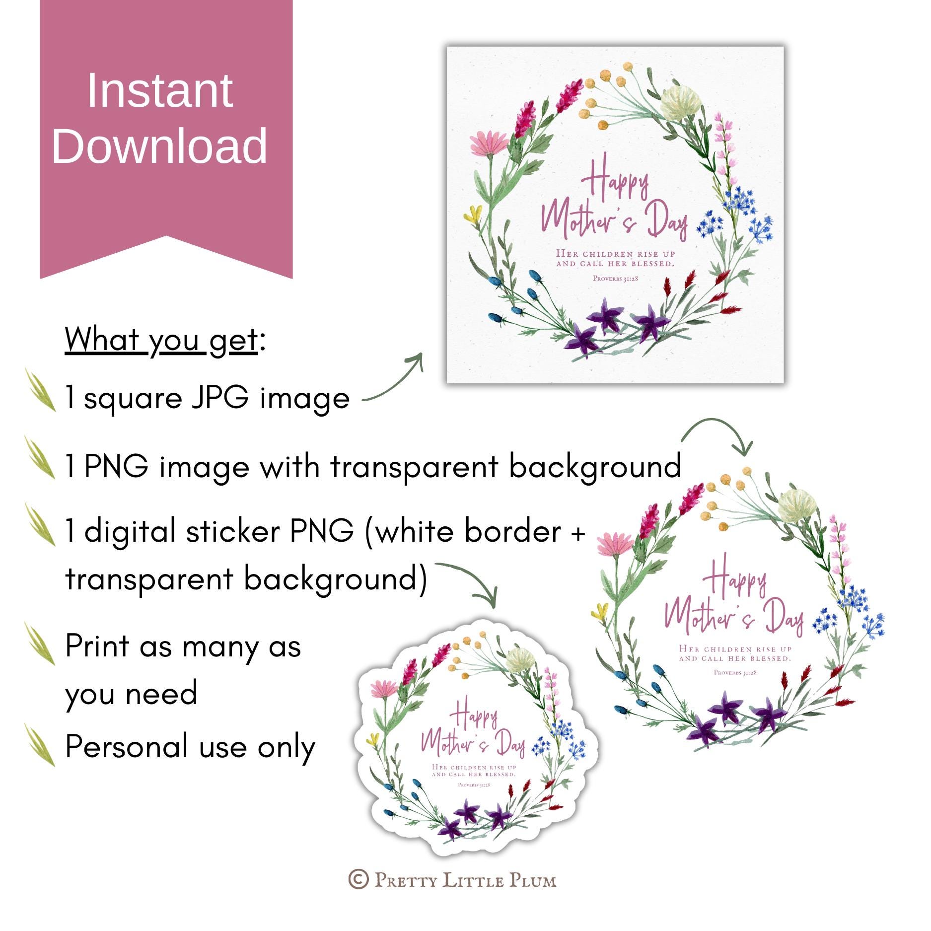Happy Mother's Day Printable Floral Wreath Wall Art + Digital Sticker ...