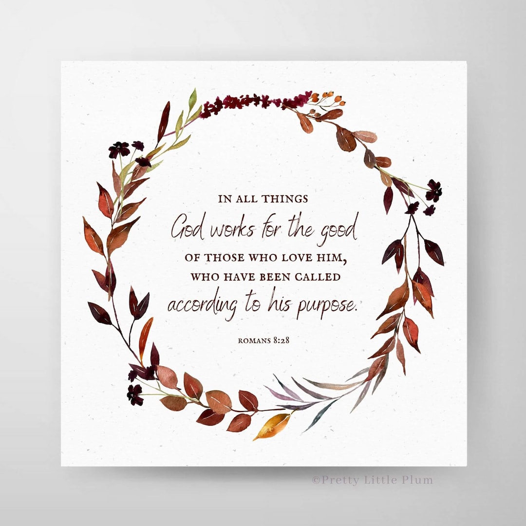 Autumn Bible Verse Print, Romans 8:28, Fall Leaves Wreath (digital ...