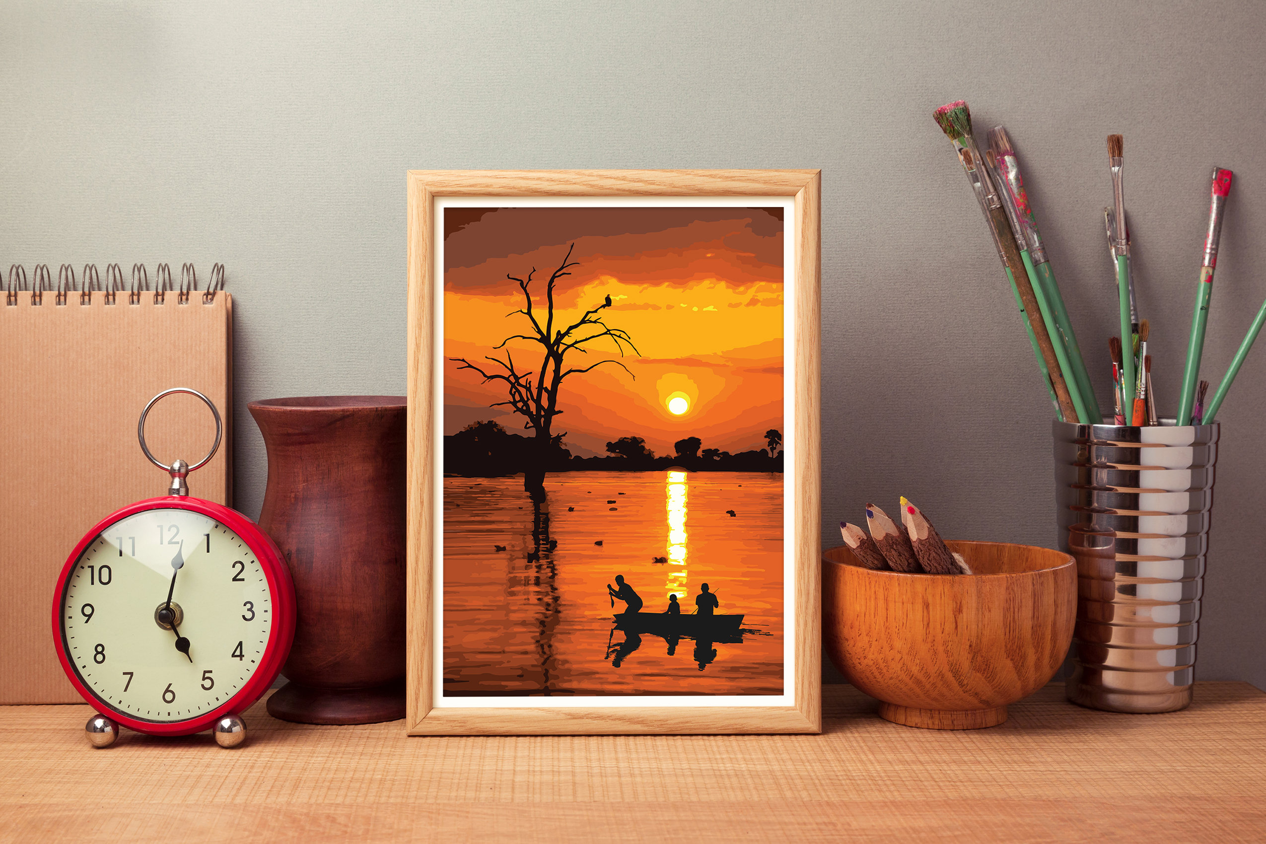 Sunset Views Art Print Landscape Poster,sun and River Printable Vector ...
