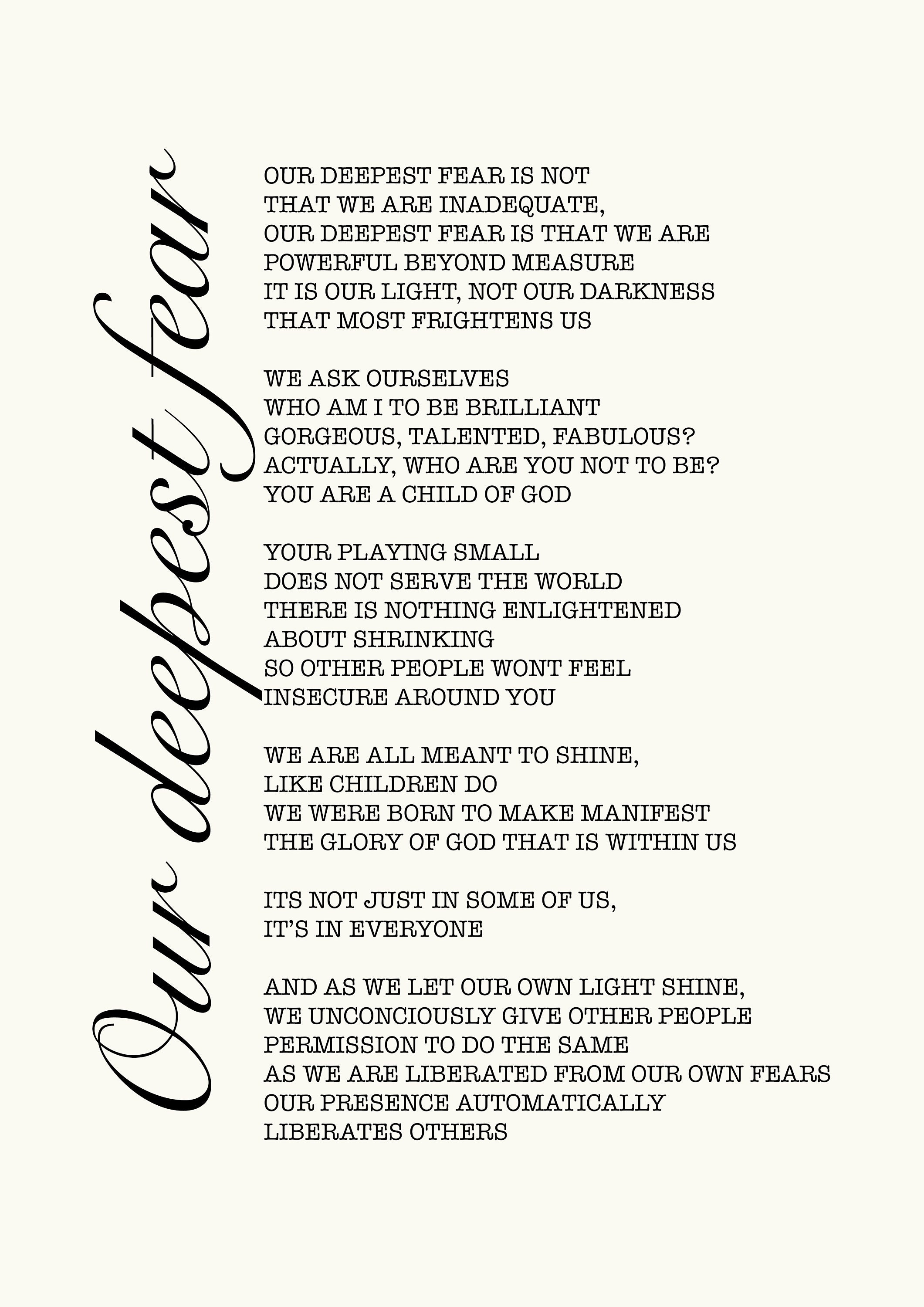 Our Deepest Fear Poem Marianne Williamson Multiple Colour Prints. Coach ...