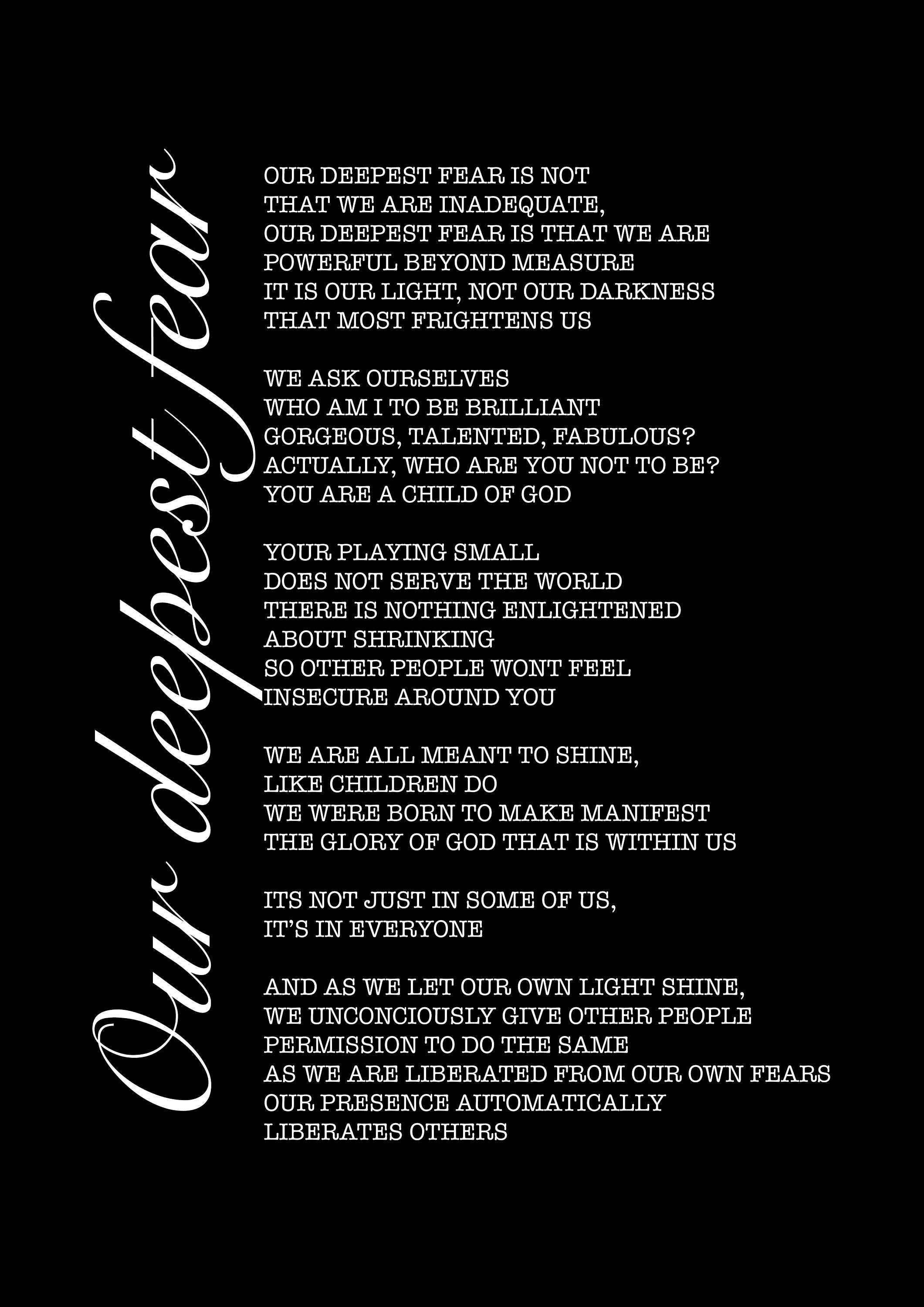 Our Deepest Fear Poem Marianne Williamson Multiple Colour Prints. Coach ...