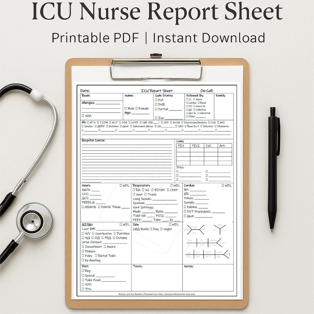 ICU Nurse Report Sheet Printable | Critical Care Nursing Brain (PDF) - Etsy