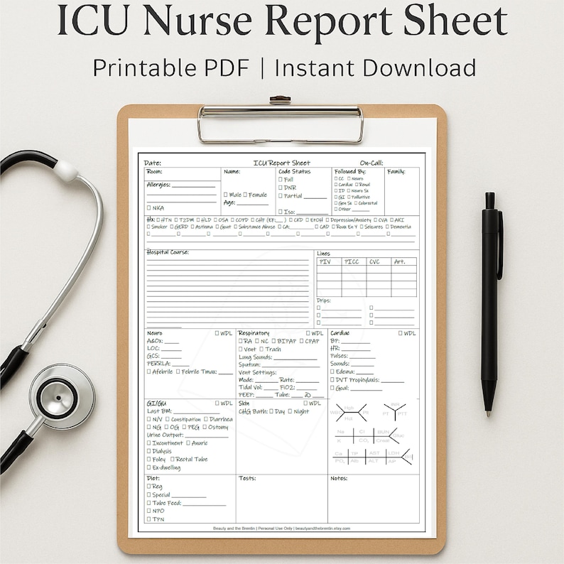 ICU Nurse Report Sheet Printable | Critical Care Nursing Brain (PDF) - Etsy