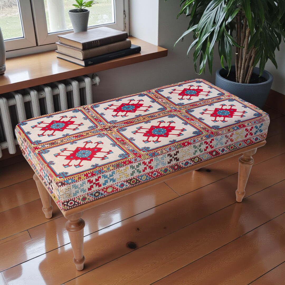 Kilim Pattern Bench, Moroccan Style Bench, Upholstered Bench, Handmade ...