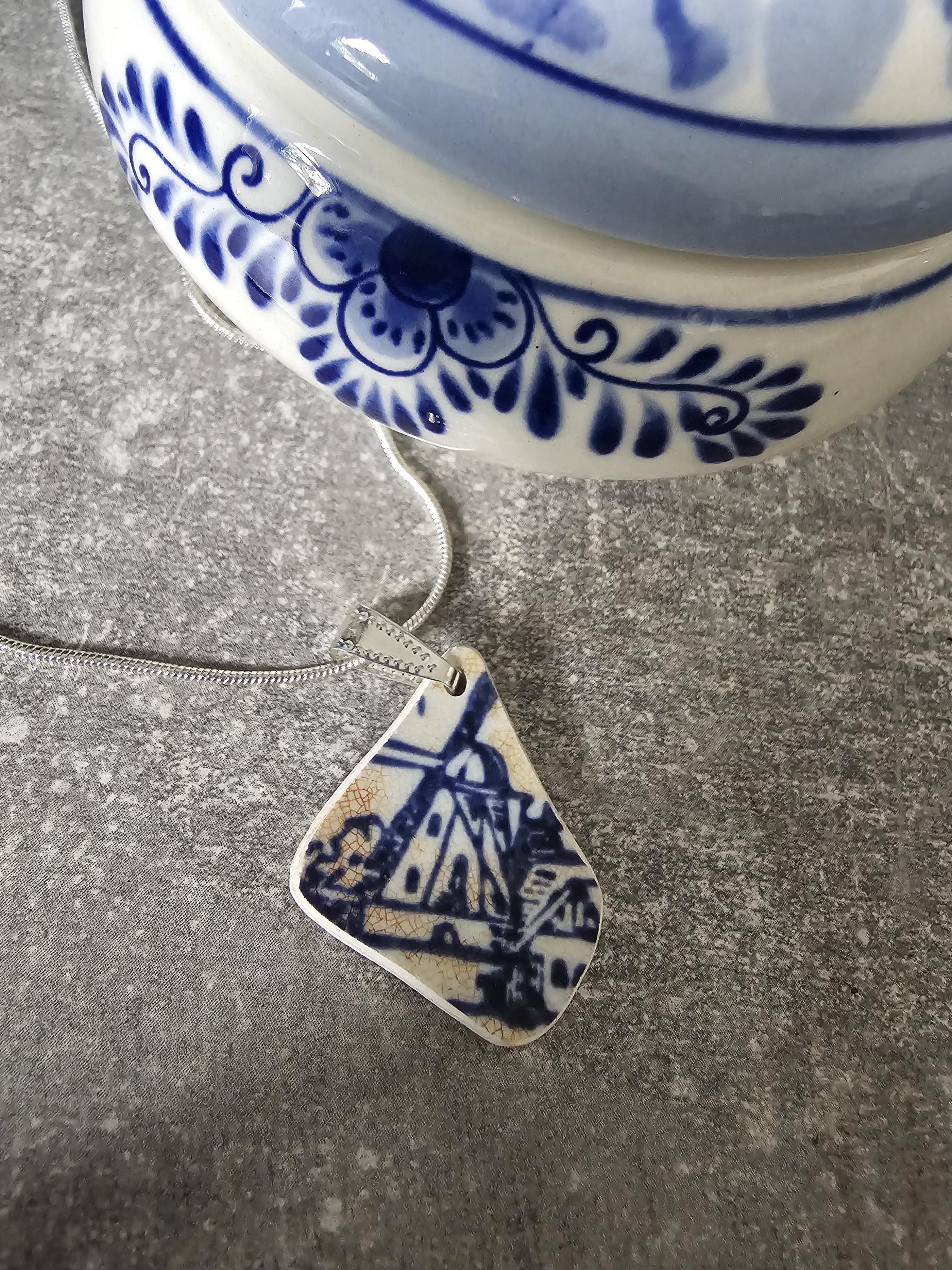 Windmill Blue Delft Antique Victorian Pottery Sherd Pendant Necklace ...