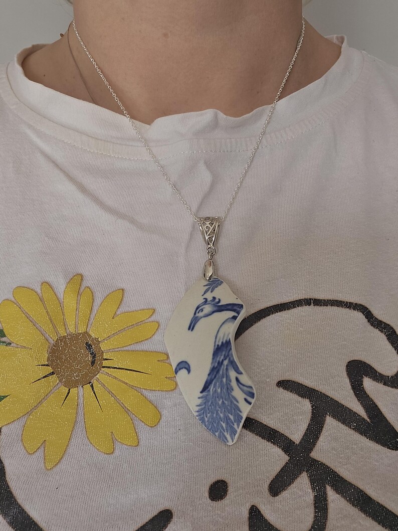 Stork Blue Willow Pattern Antique Victorian Pottery Sherd Pendant ...