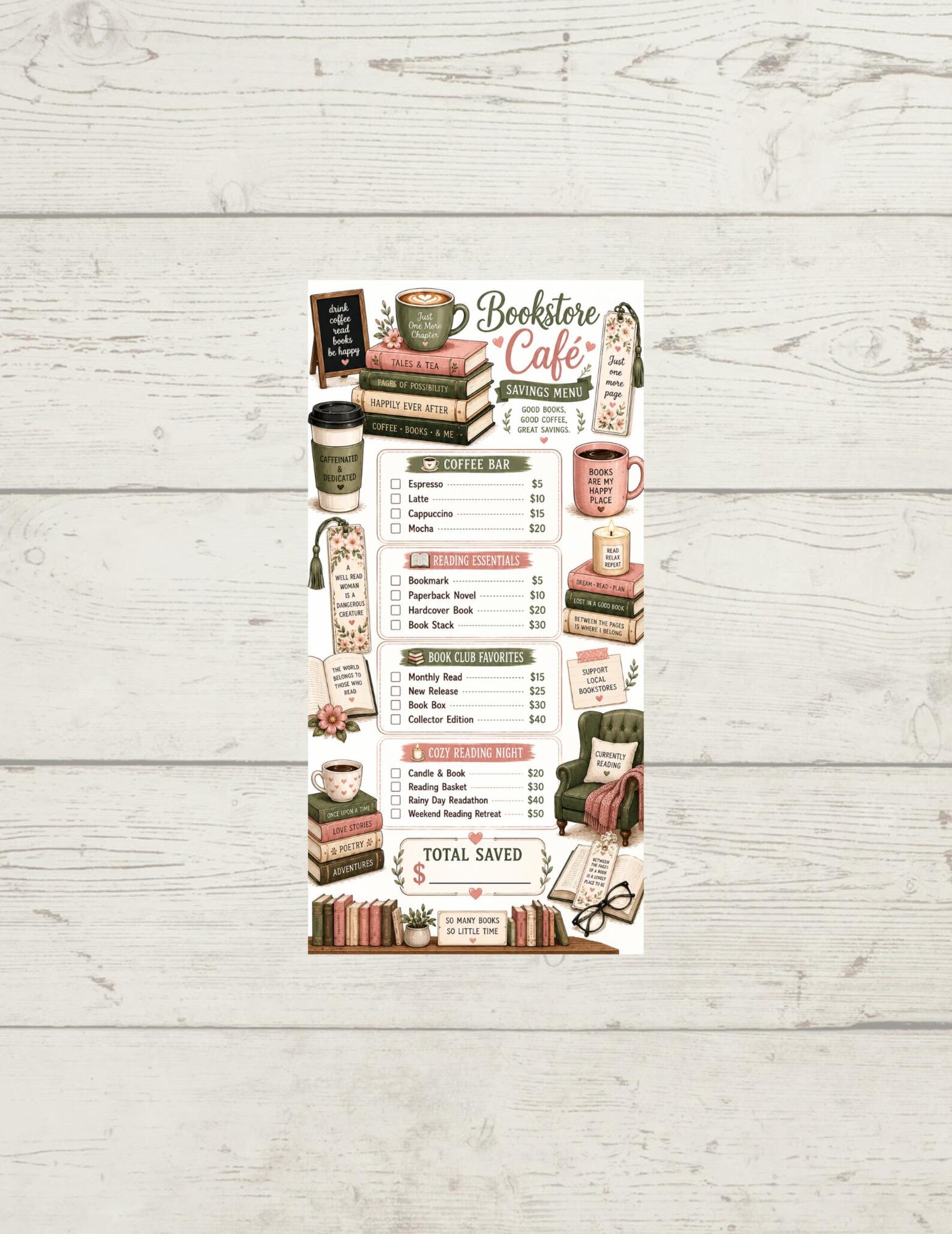 Book Cafe Menu Savings Tracker (digital Download) - Etsy Canada