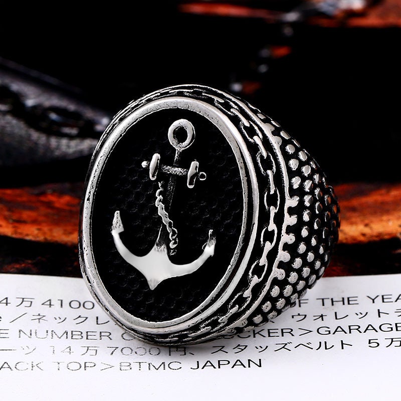 Men's Titanium Steel Anchor Ring,vintage Black Silver Anchor Nautical ...