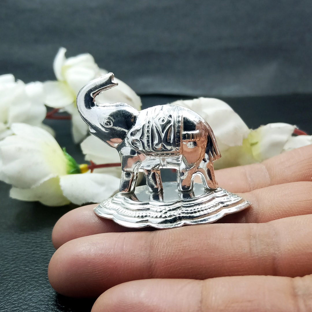 925 Silver Elephant Statue, Metal Sculpture, Trunk up Elephant Idols ...