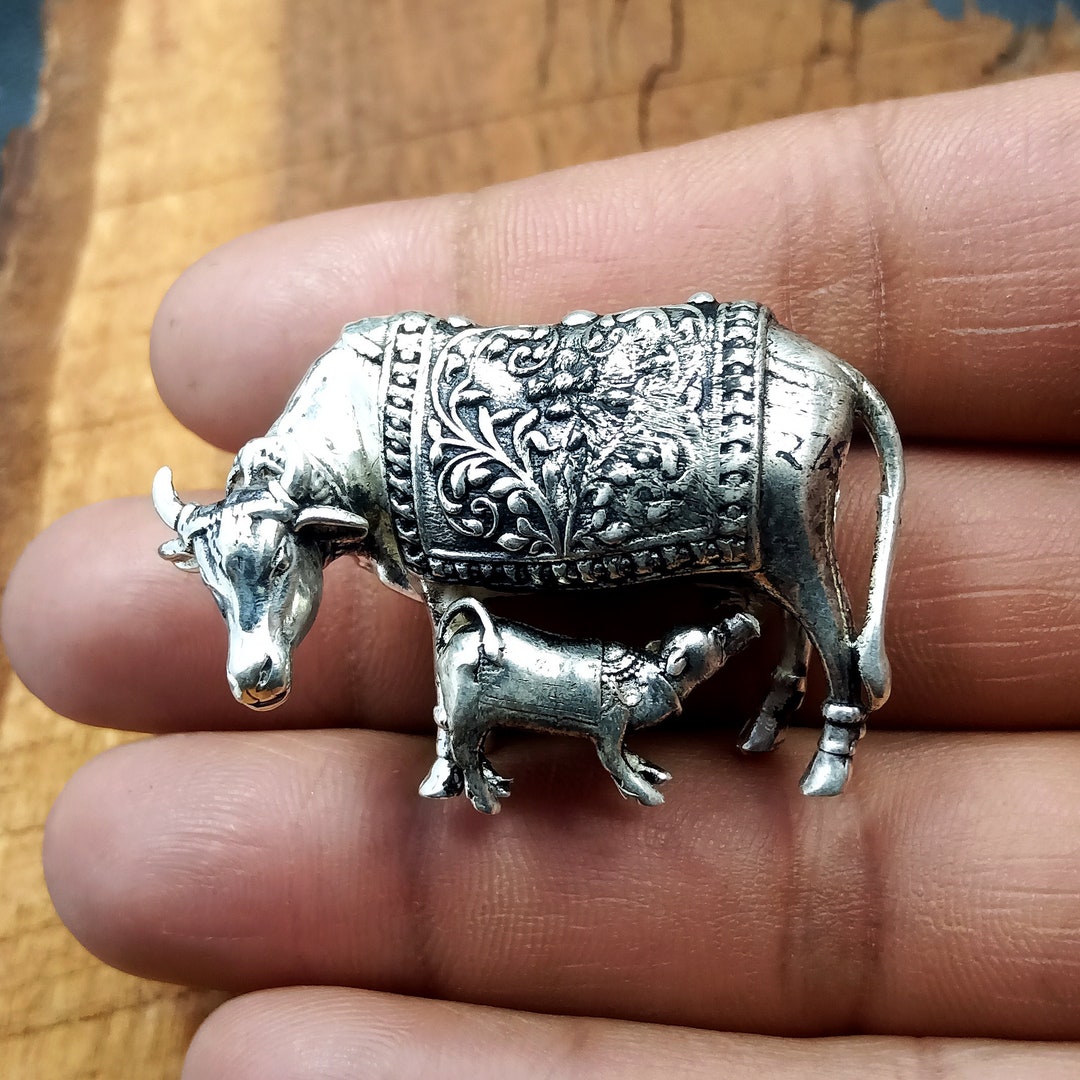 Pure Silver Cow With Calf Idol, Solid Silver Cow Figurine, Silver ...