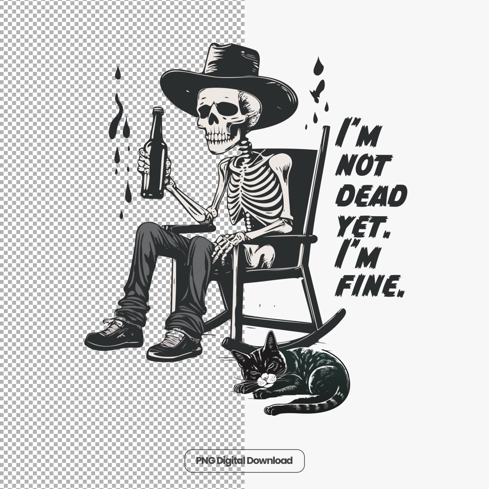 Skeleton With Hat and Bottle, PNG Digital Download, Funny Skeleton Art ...