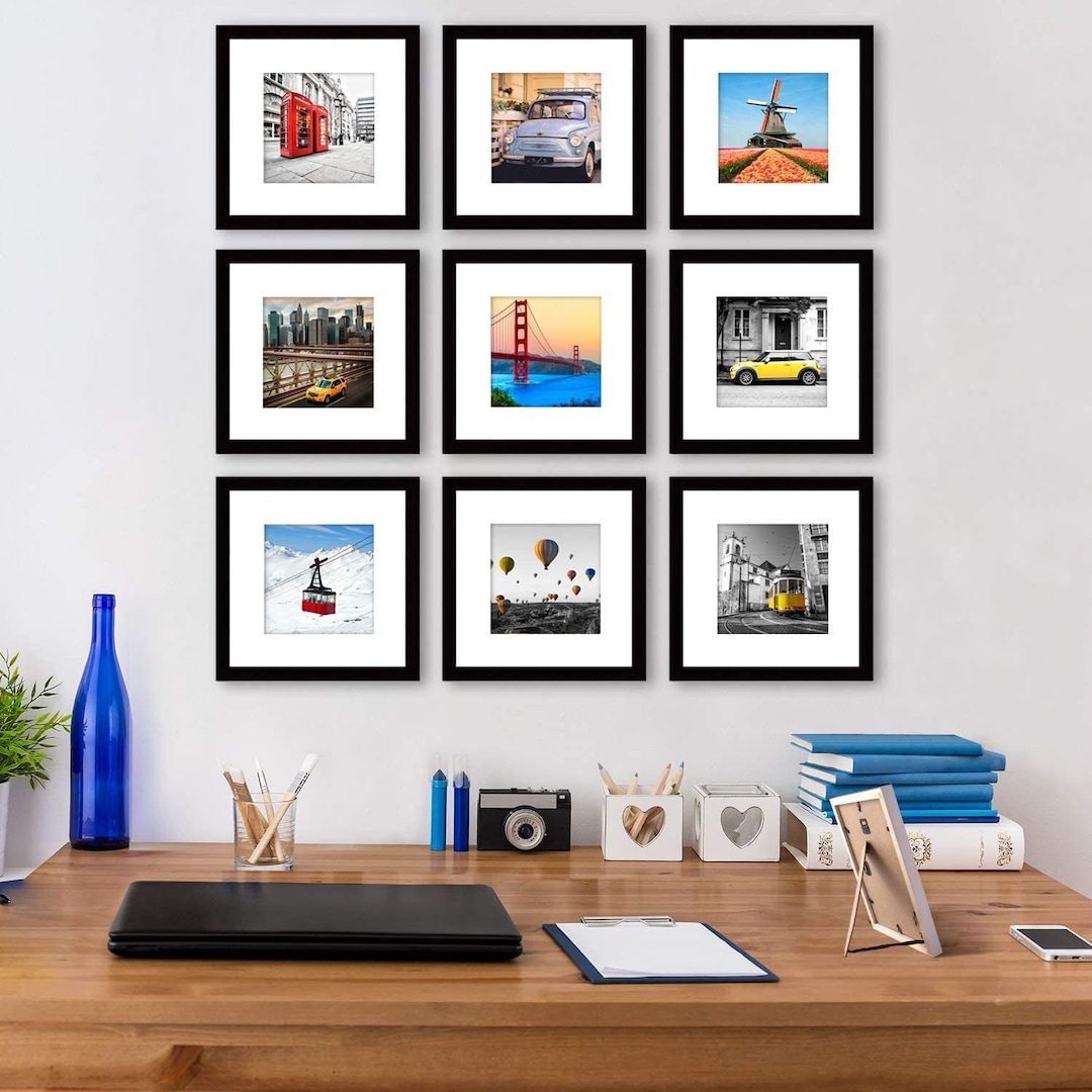 Gallery Wall Set: 9 Black Square Frames 12x12 Inch for 8x8 Photos ...