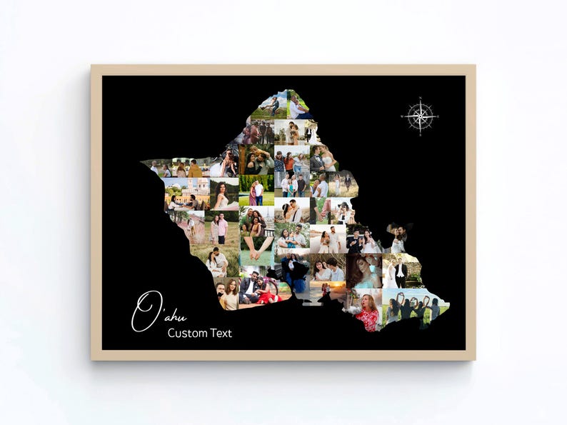 Custom Oahu Photo Map, Personalized Hawaii Collage Art, Family Couple ...