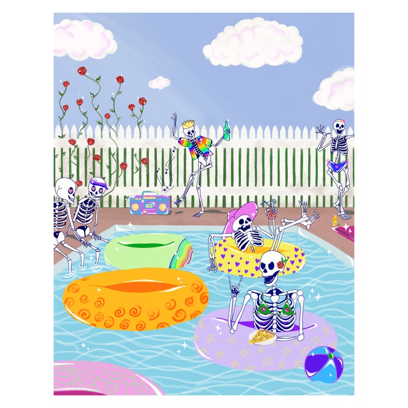 Skeleton Pool Party Print Home Decor Printable Home/office - Etsy