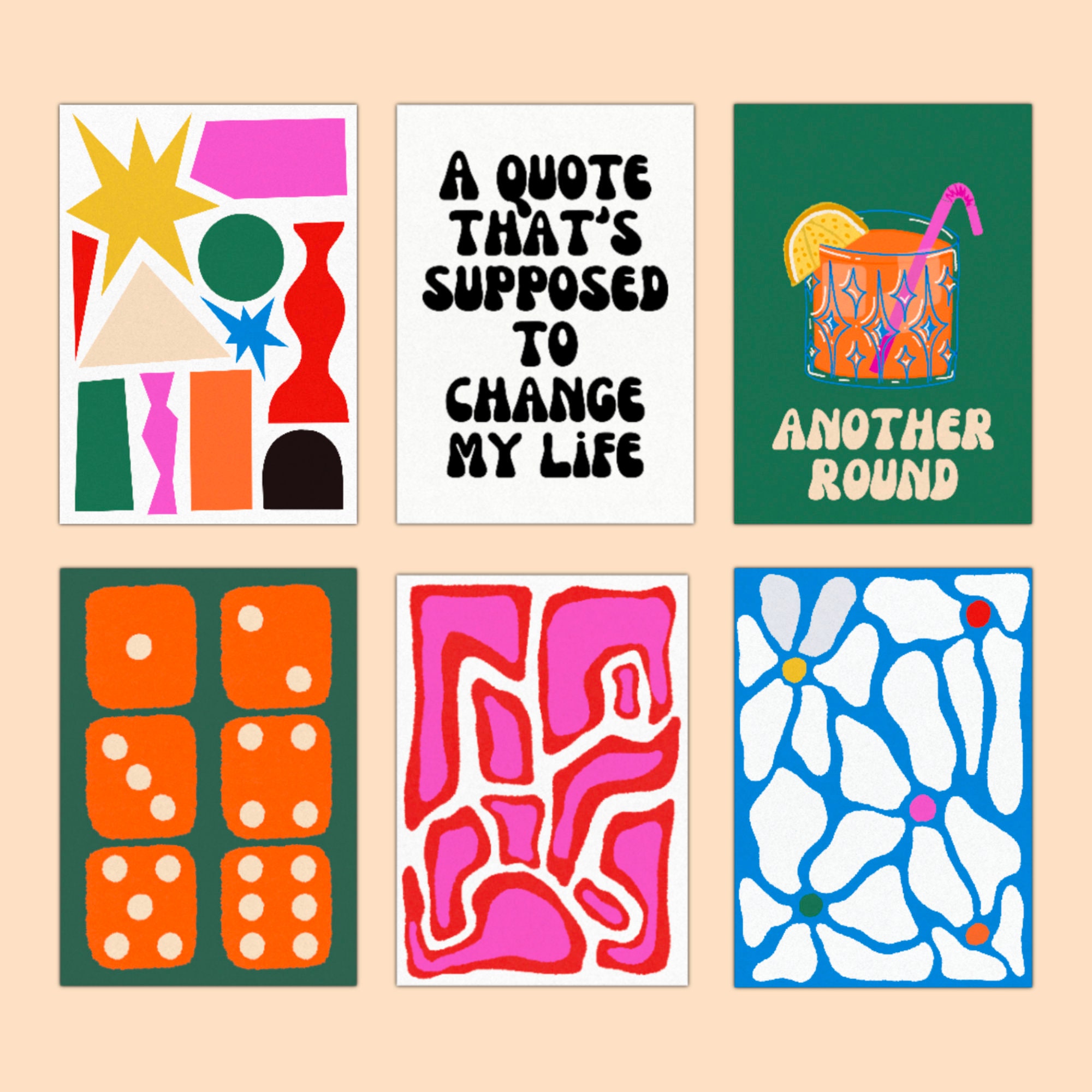 Set of 6 Modern Retro Wall Art Retro Aesthetic Poster Groovy Print ...