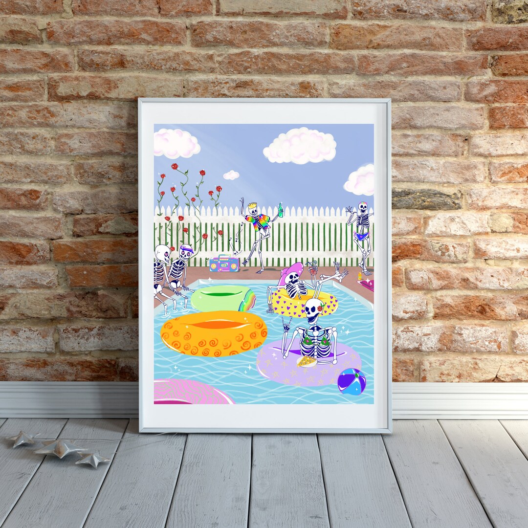 Skeleton Pool Party Print, Home Decor Printable, Home/office Art ...