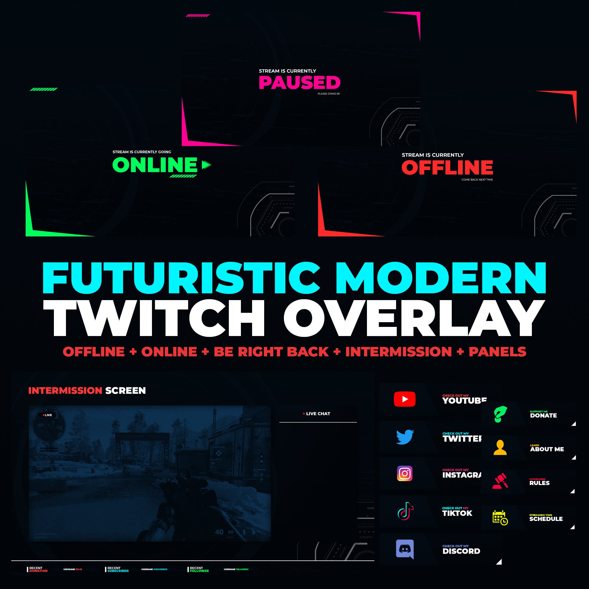 Premade Futuristic Modern Twitch Overlay *full Bundle* *instant ...