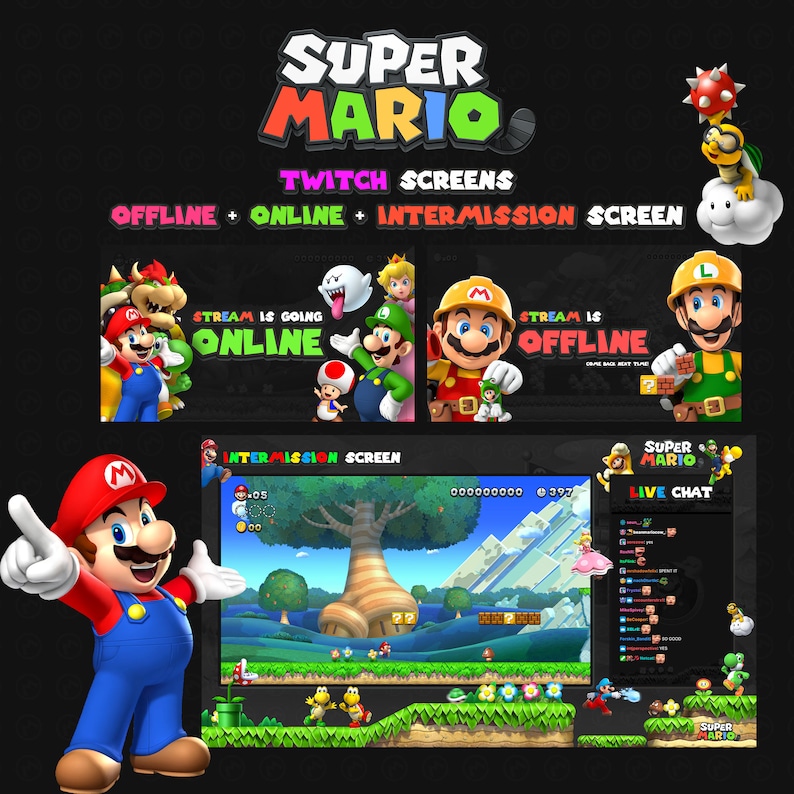 Super Mario Twitch Overlay prefabricado Paquete temático claro oscuro ...