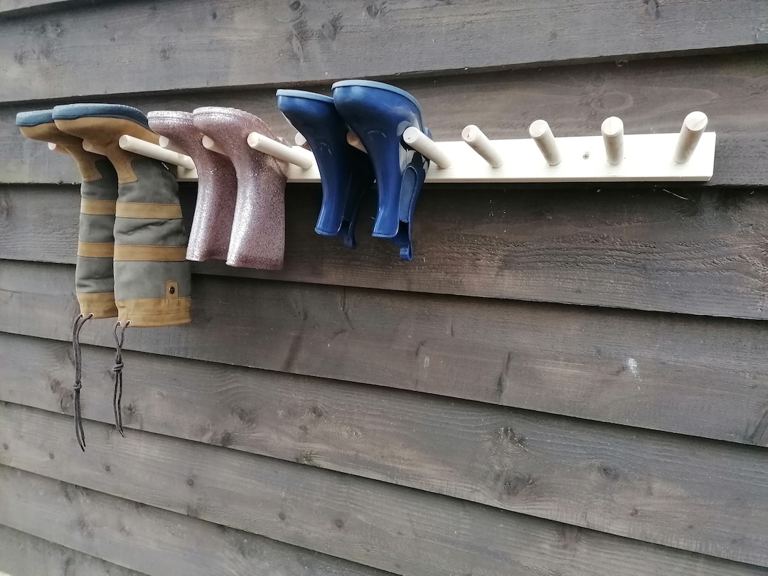 Welly Wellington Wellies Wooden Rack / Boots Holder Wall Mounted Sizes ...