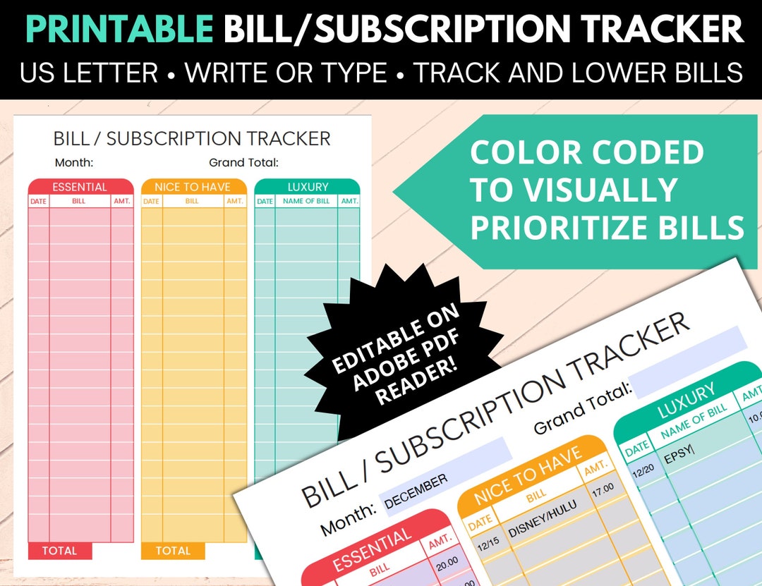 Printable Monthly Bill Tracker W/ Colored Categories, Digital ...