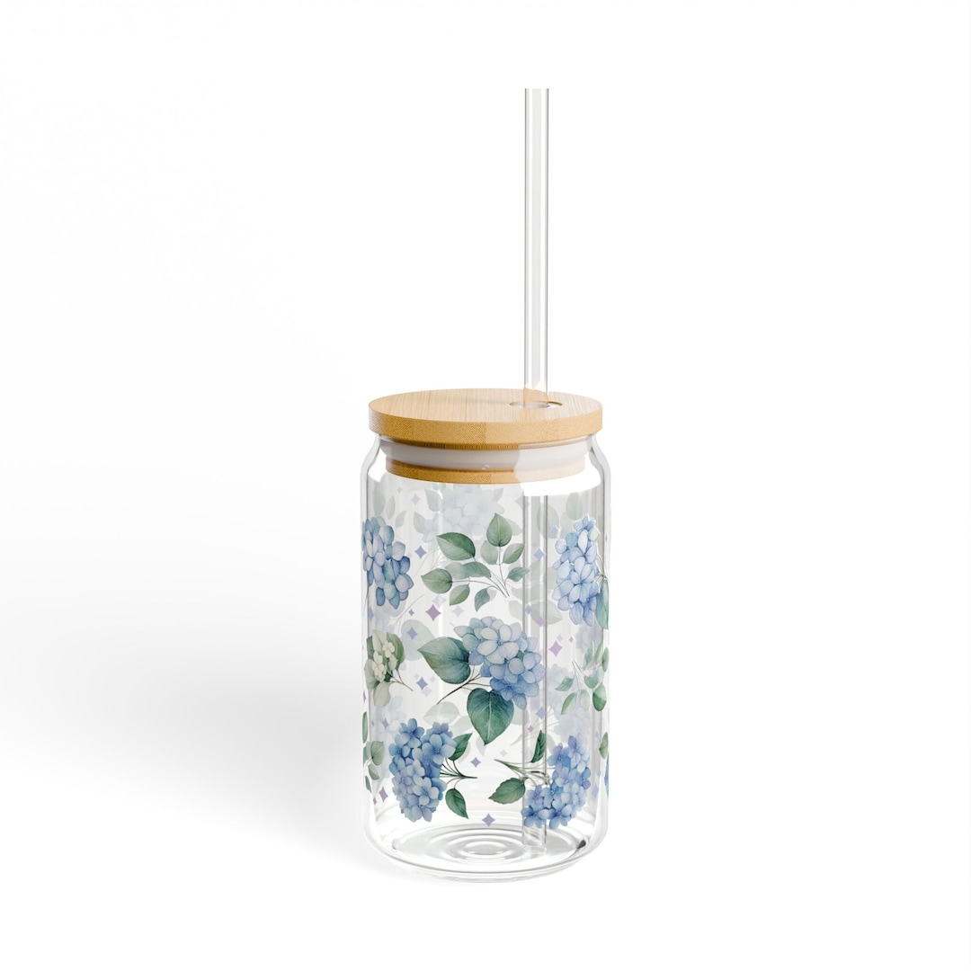Hydrangea Glass Cup With Straw Pressed Flower Mug Hydrangea Painting ...