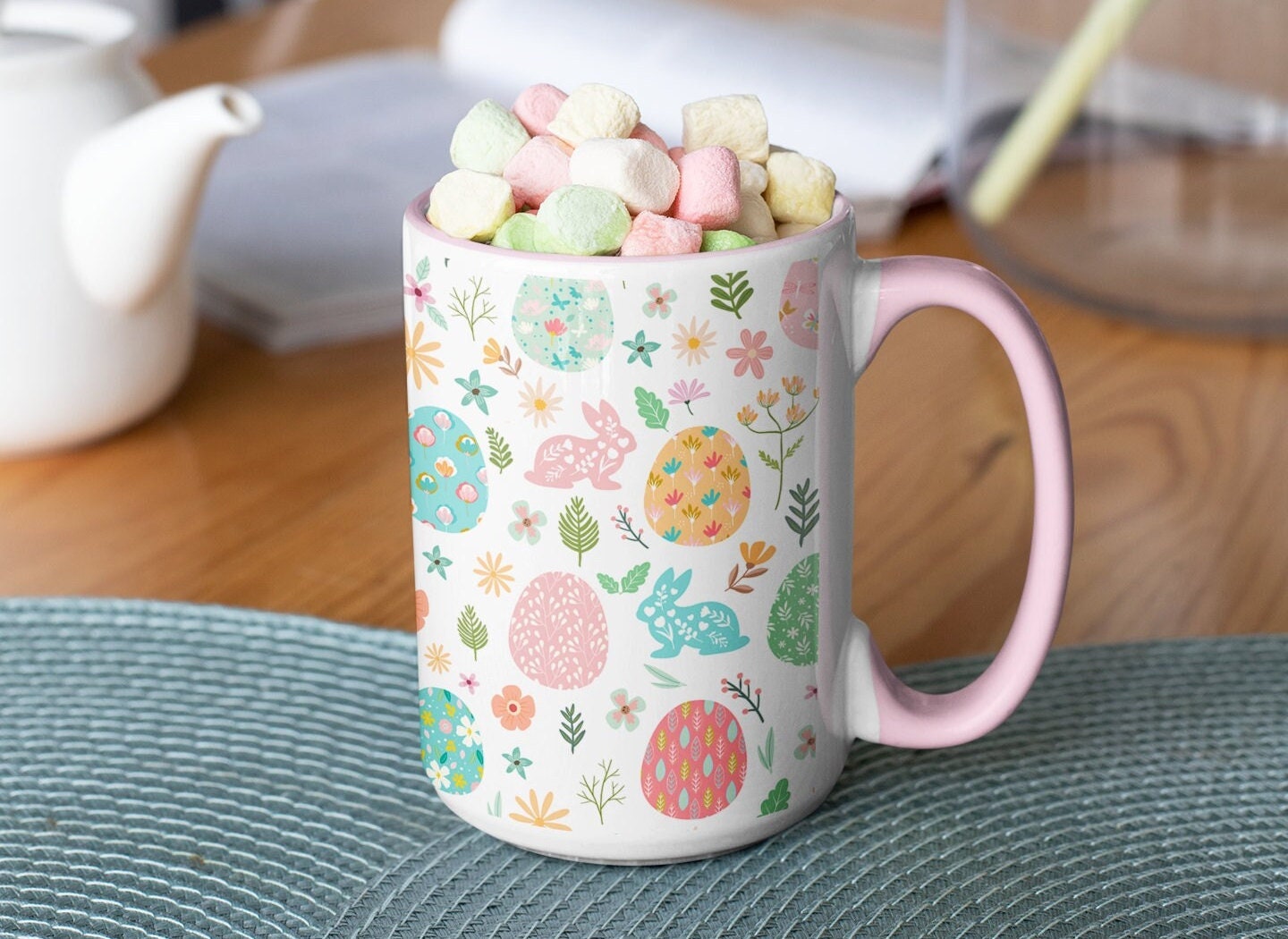Easter Mug, Large Coffee Mug, Spring Mug, Bunny Mug With Pastel Easter ...