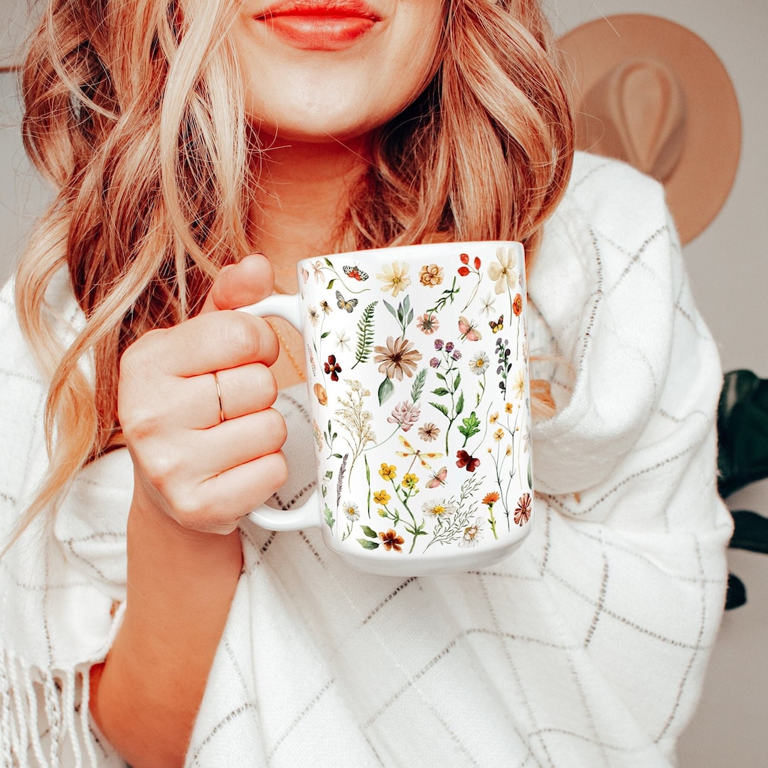Pressed Flowers Mug, Boho Wildflowers Cottagecore Coffee Mug, Vintage ...