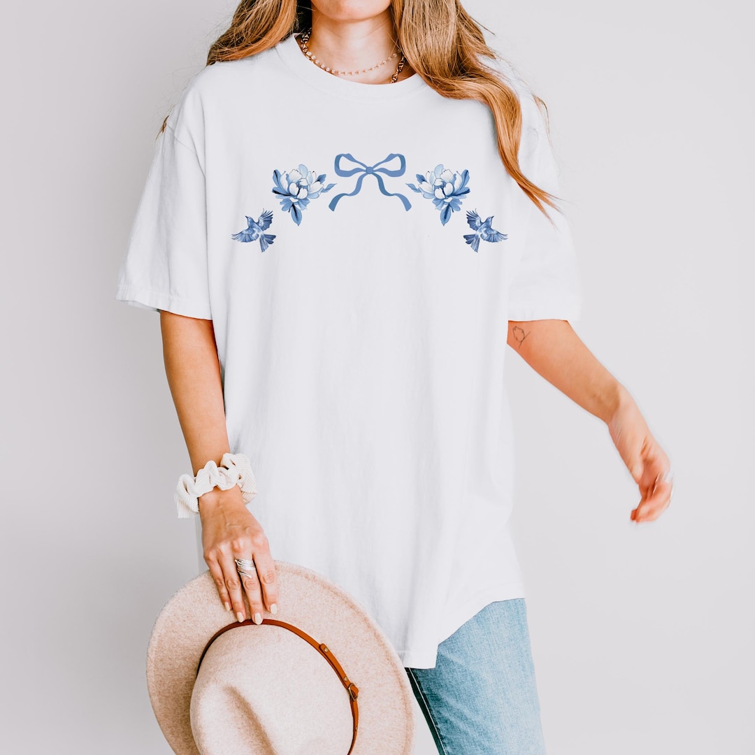 Toile De Jouy Blue Toile Bow Shirt Blue Toile Shirt Blue Coquette Bows ...