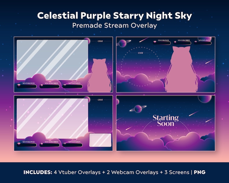 Celestial Purple Starry Night Sky Twitch / Kick Stream Premade Overlay, Vtuber, Webcam, Gaming ...