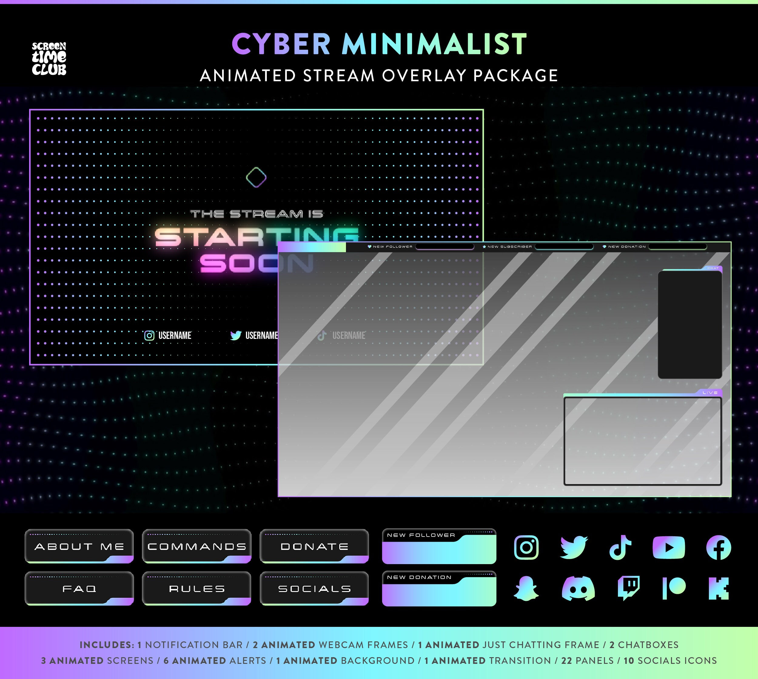 Animated Twitch / Kick Stream Overlay Package, Cyber, Gradient, Simple ...